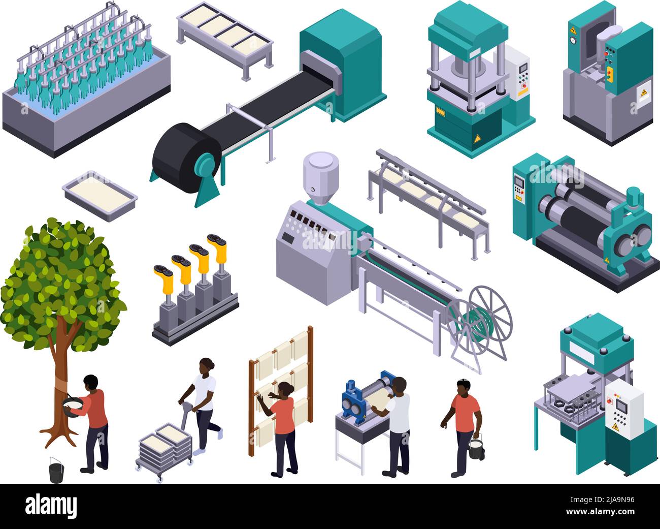 Rubber production isometric set of isolated icons with pieces of ...