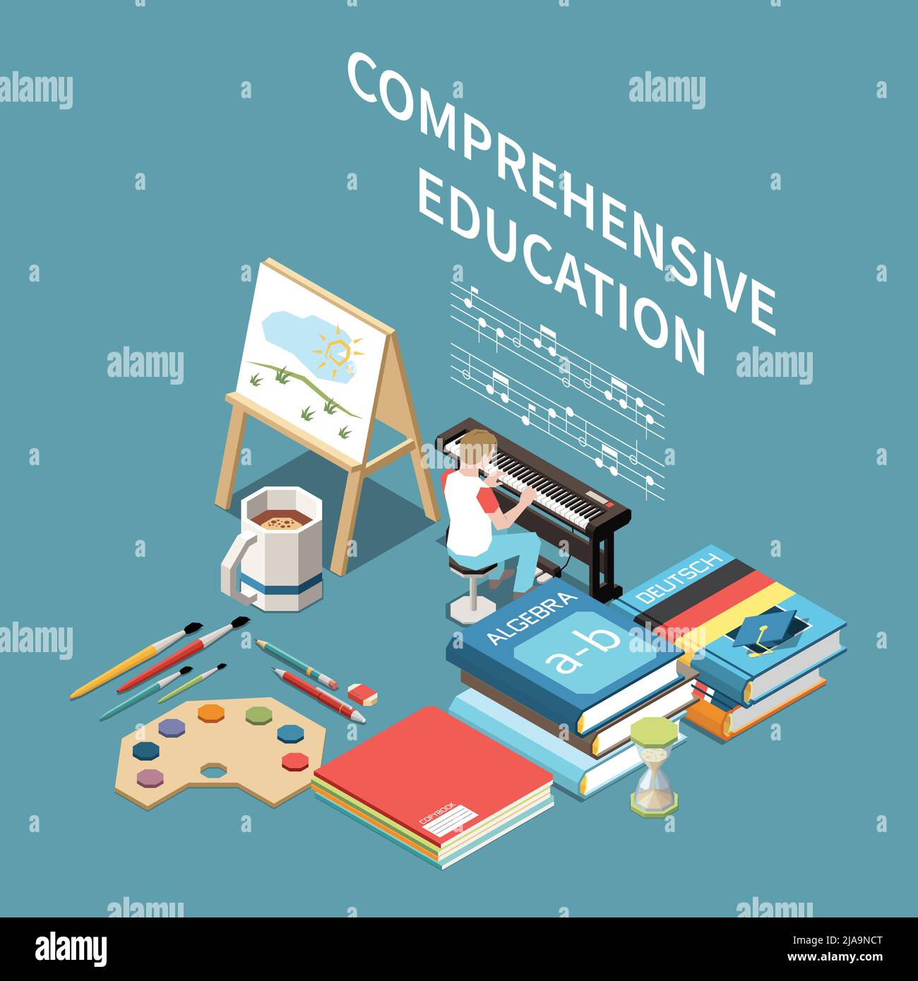 Isometric comprehensive education composition with student playing ...