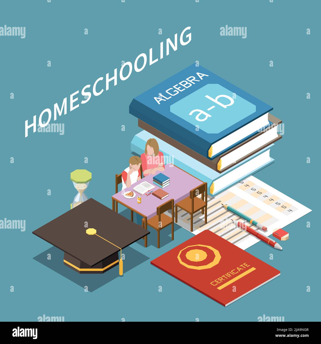 Homeschooling family education isometric concept composition with 3d ...