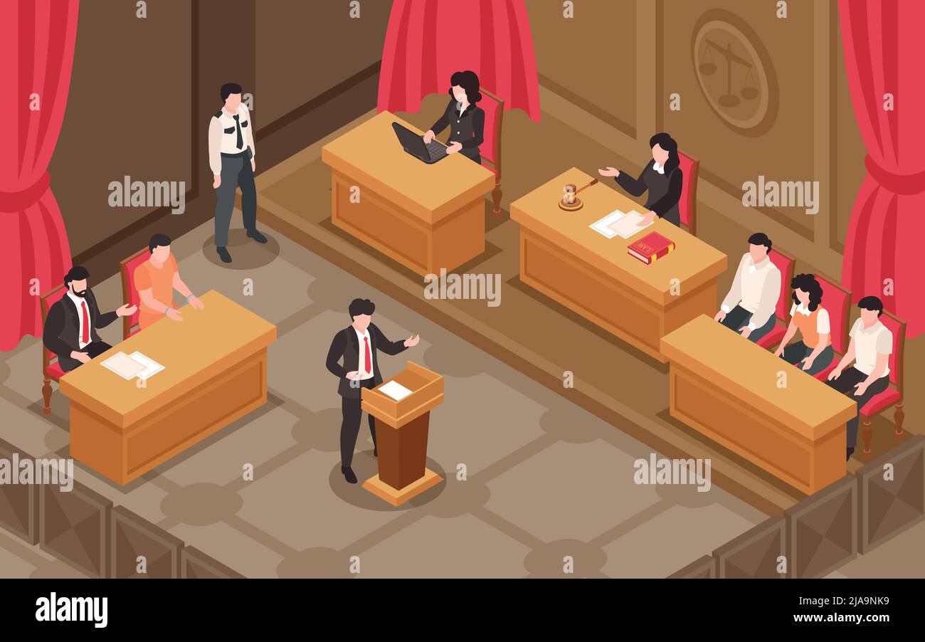 Law and justice isometric background with prosecutor making speech ...