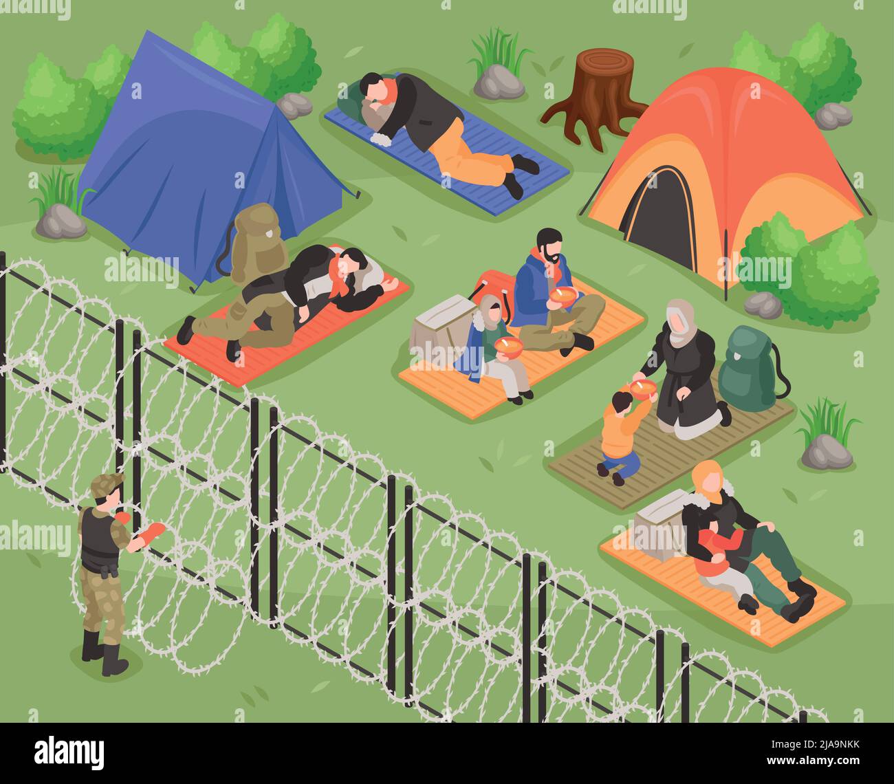 Refugees isometric background with people living in immigration camp ...