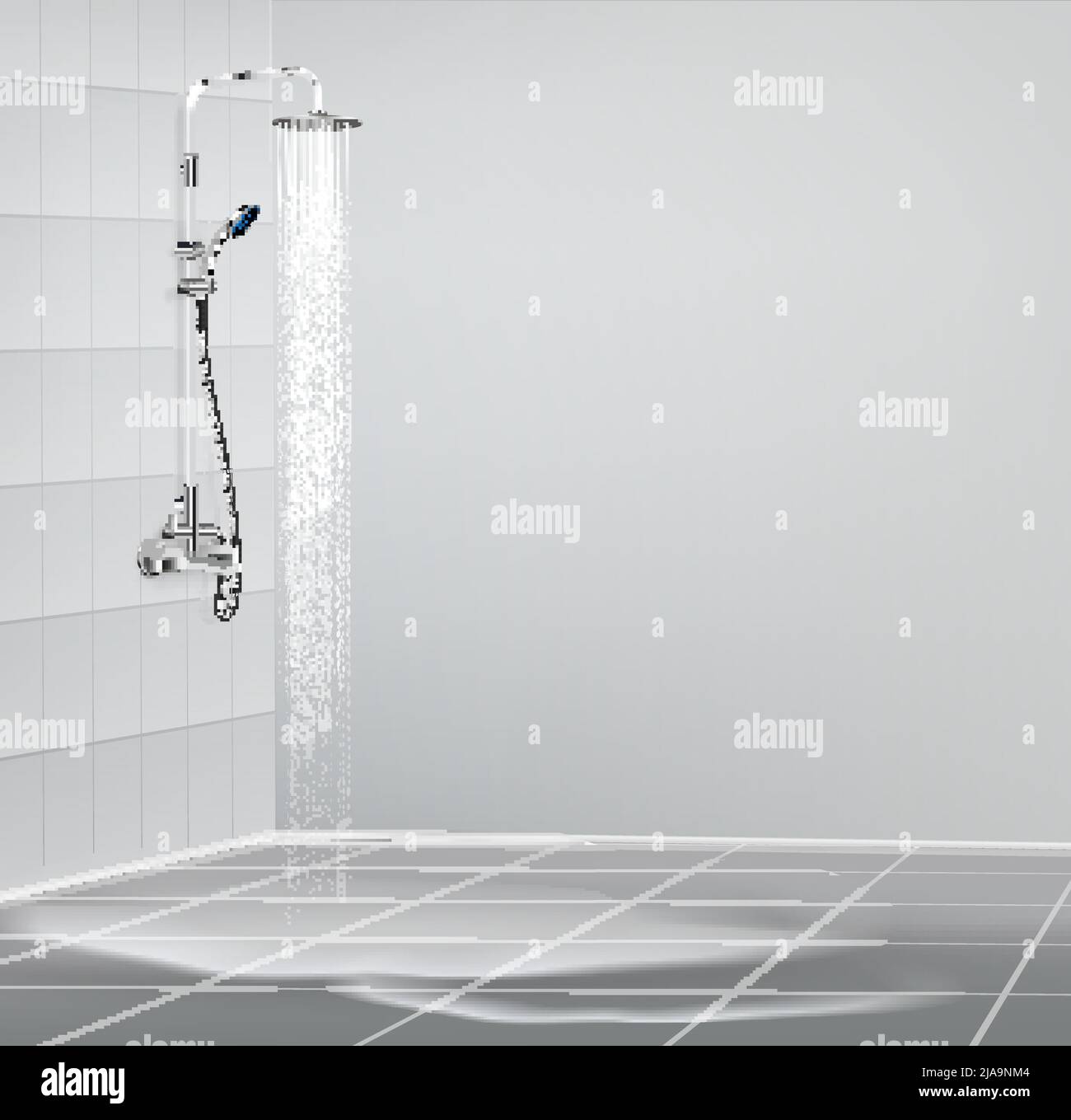 Shower system composition with indoor view of bathroom with tile on ...