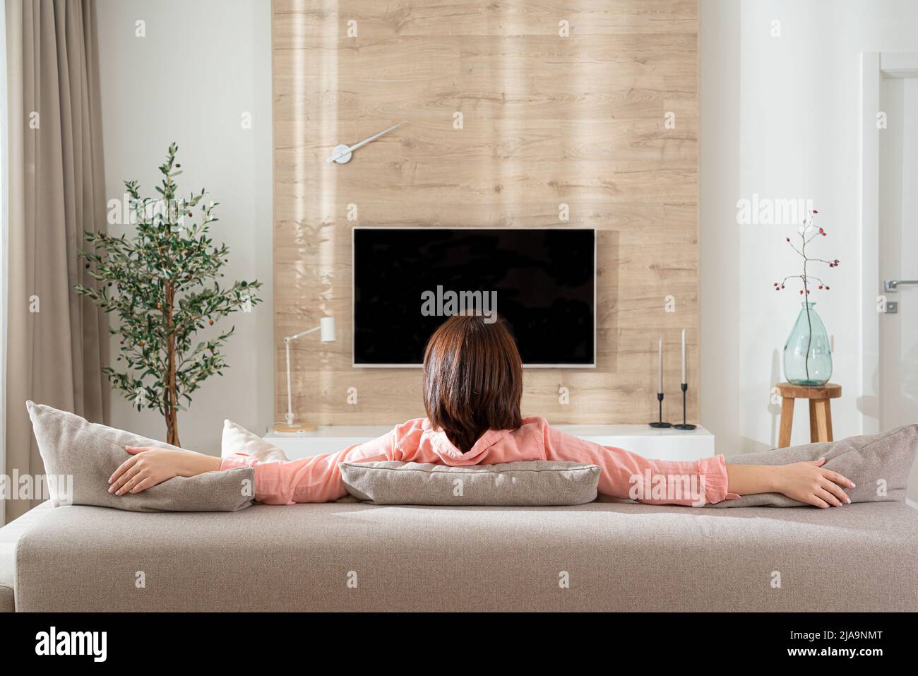 girl sitting on sofa in modern living room back view Stock Photo - Alamy