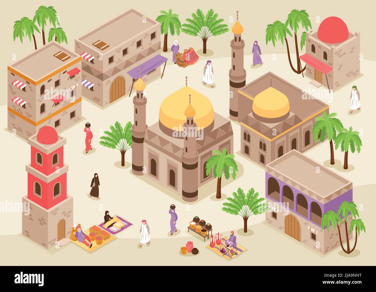 Middle eastern cityscape isometric background with mosque tower and ...