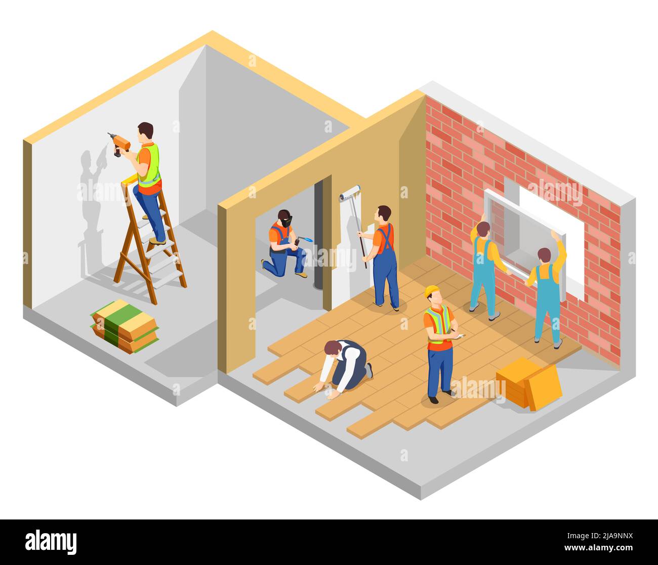 Construction workers isometric composition with builders renovating the flat vector illustration ...
