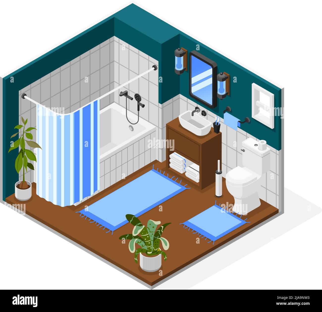Cozy modern bathroom interior with bathtub toilet washbasin two rugs potted plants isometric ...