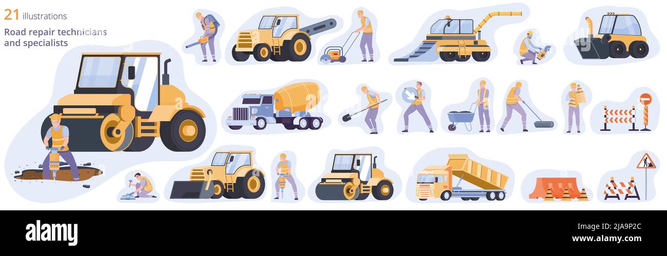 Road surface composition set with repair techicians symbols flat ...