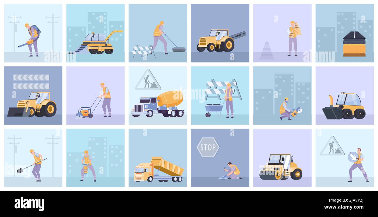 Road surface square set with pavement repair symbols flat isolated ...