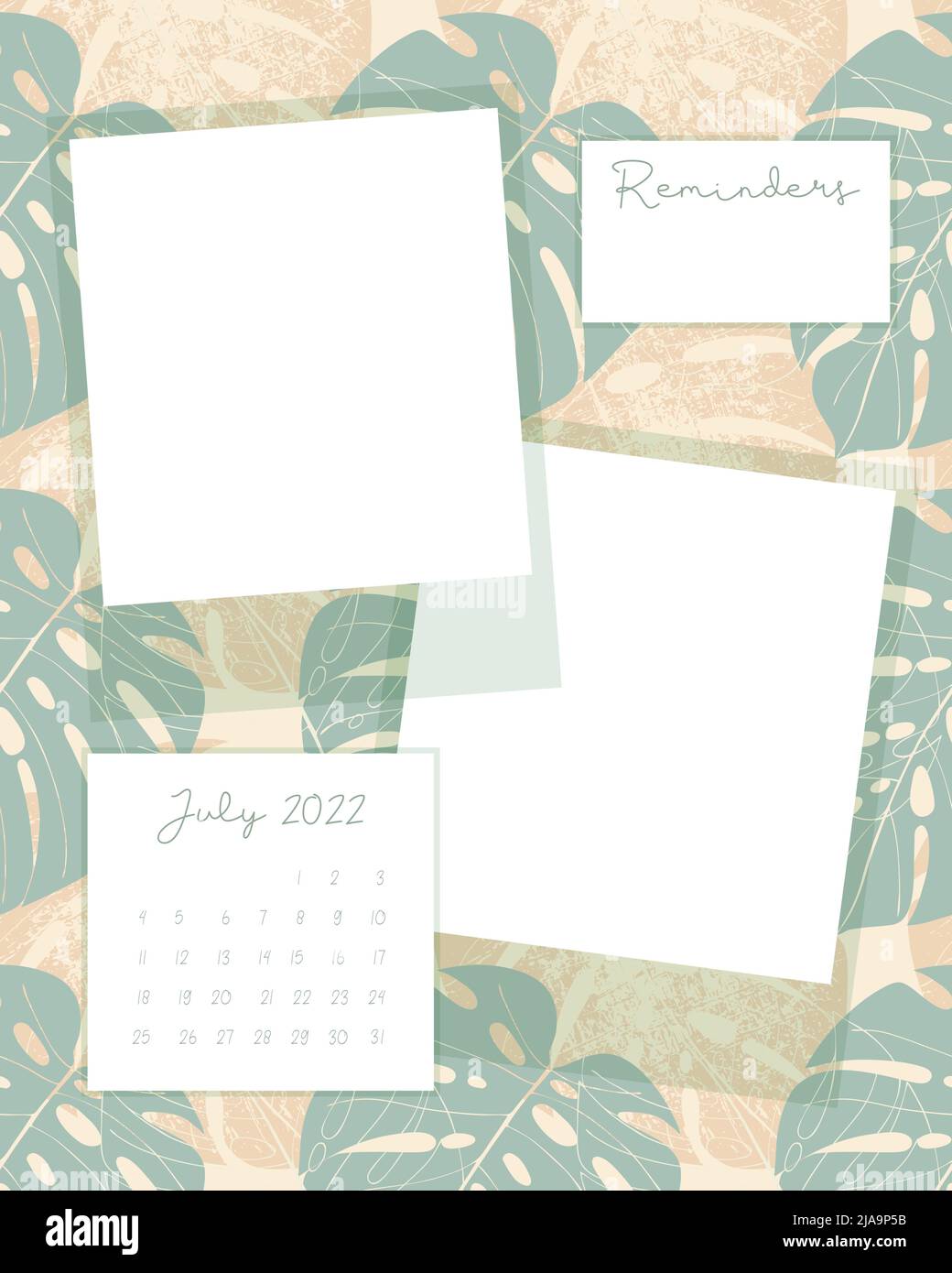 July 2022 calendar collage vintage scrapbooking on monstera leaves ...