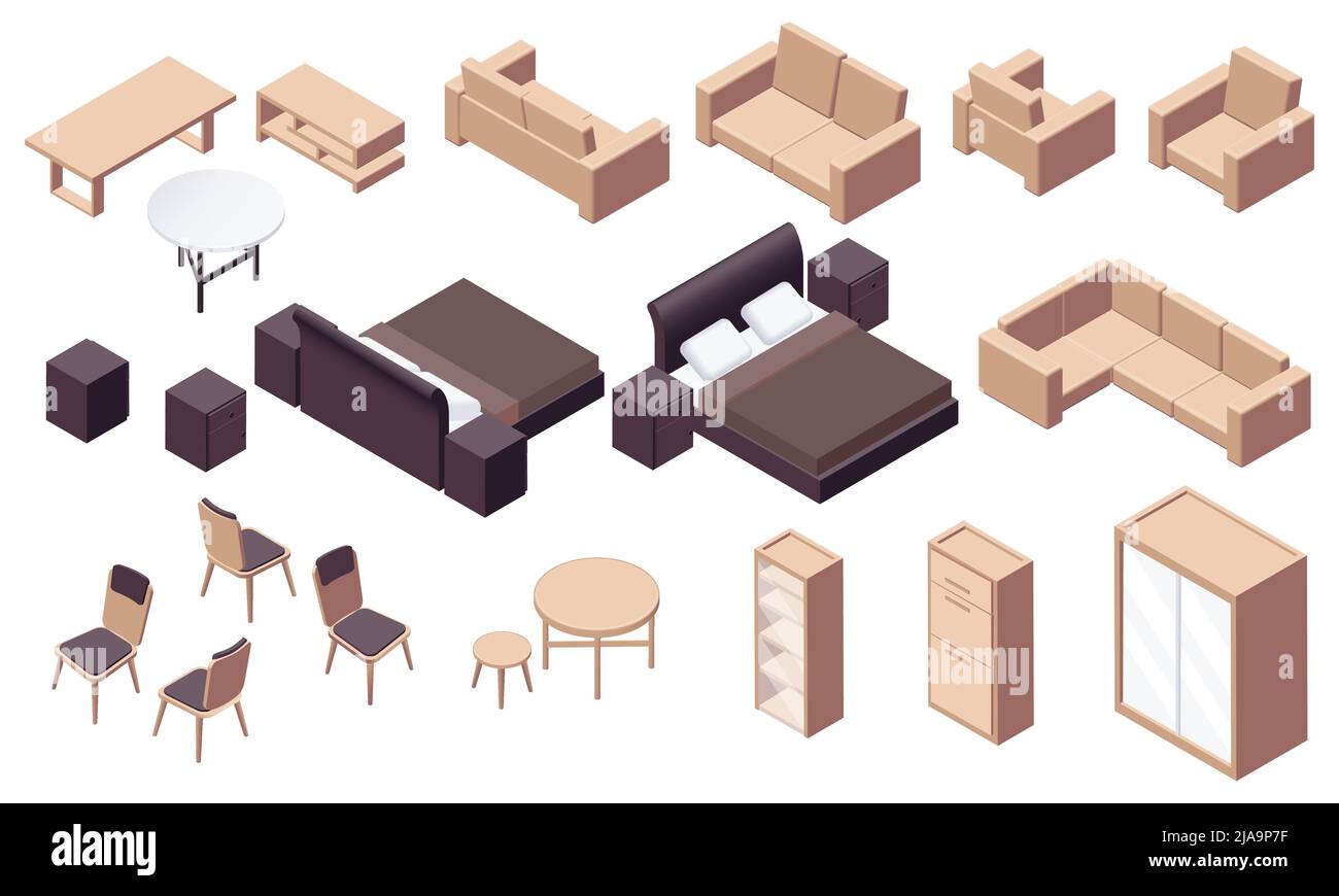 Furniture isometric set with isolated icons of modern furniture with ...