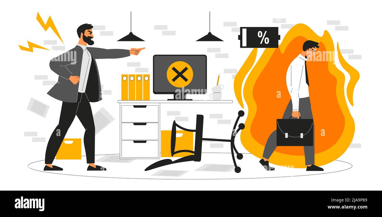 Professional burnout flat composition with boss dismissing frustrated ...