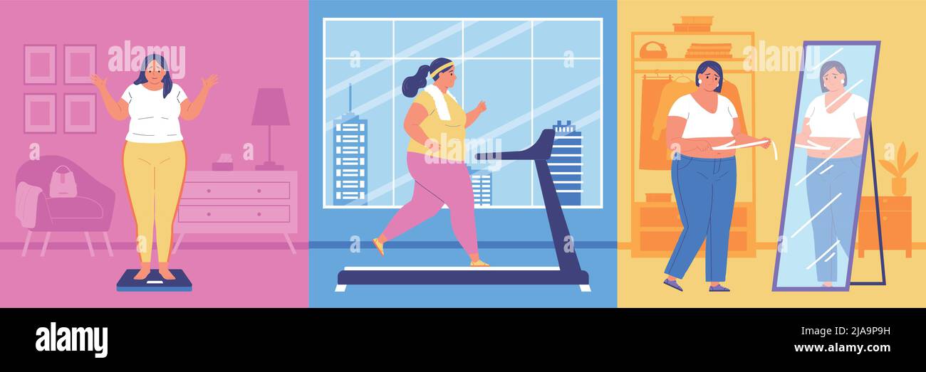 Obese people flat compositions set of women in front of mirror on floor ...