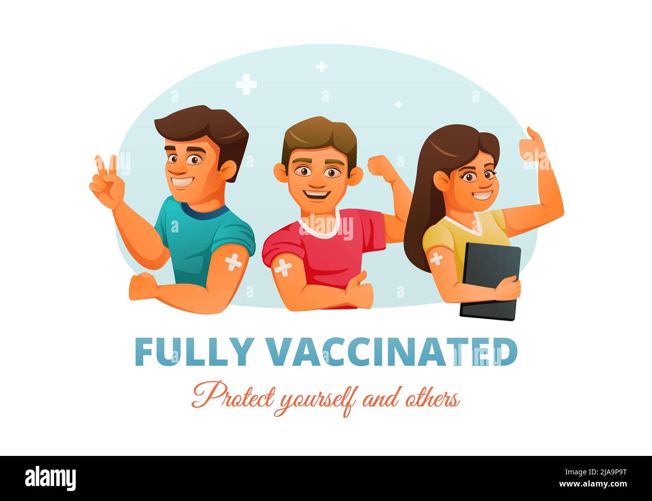Vaccination herd immunity cartoon poster with cheerful protected ...