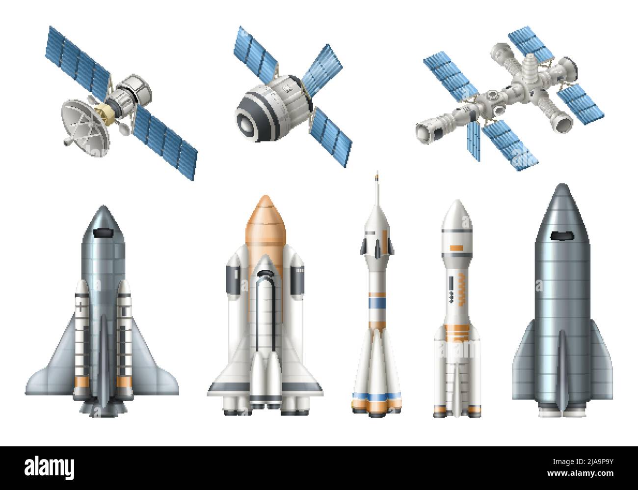 Spacecraft realistic set with isolated rocket satellite shuttle space ...