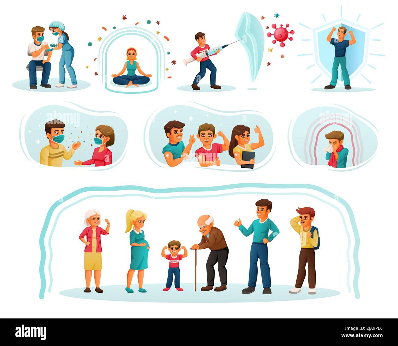 Coronavirus vaccination cartoon compositions set with happy protected ...