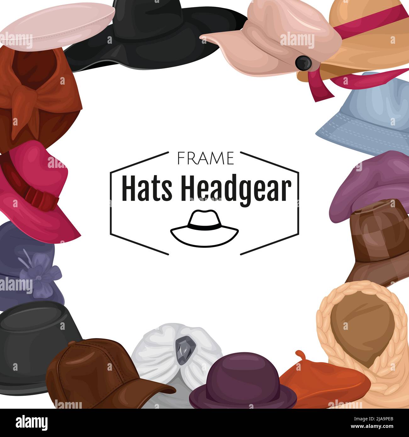 Hats frame composition with logo style text surrounded by lots of male ...