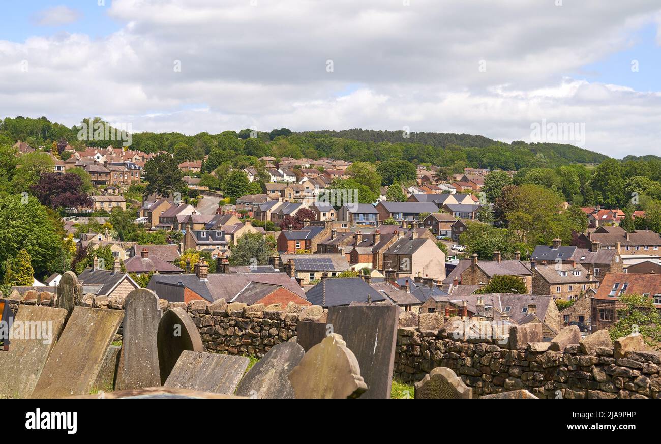 View over houses and hills in Matlock Town, Derbyshire, UK Stock Photo ...