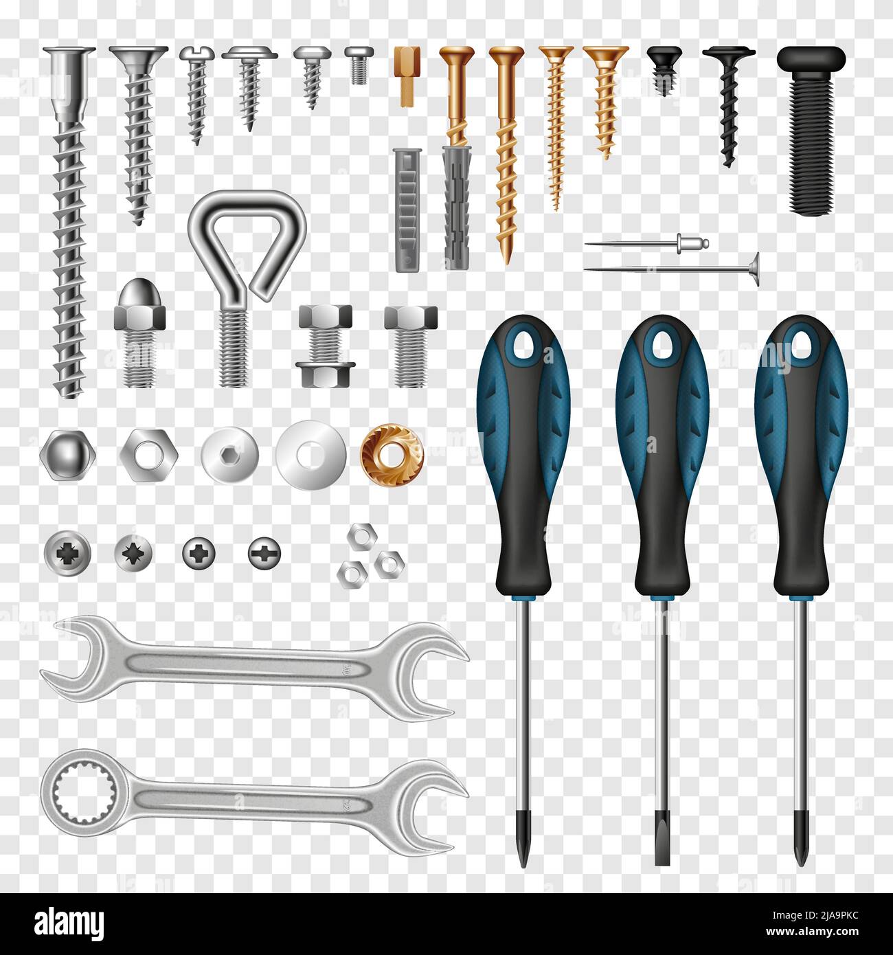 Screws bolts and tools realistic transparent set isolated vector ...