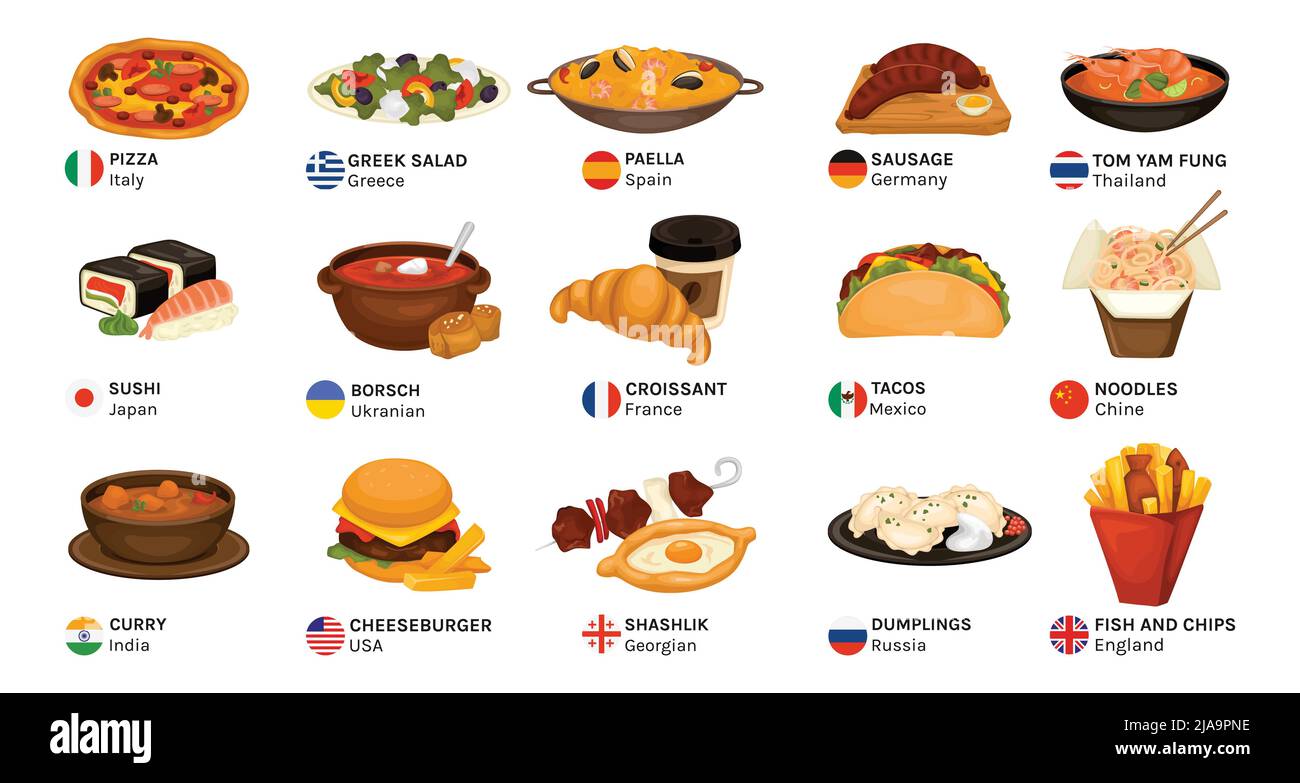 Cuisine world flags set with isolated country flag icons with text ...