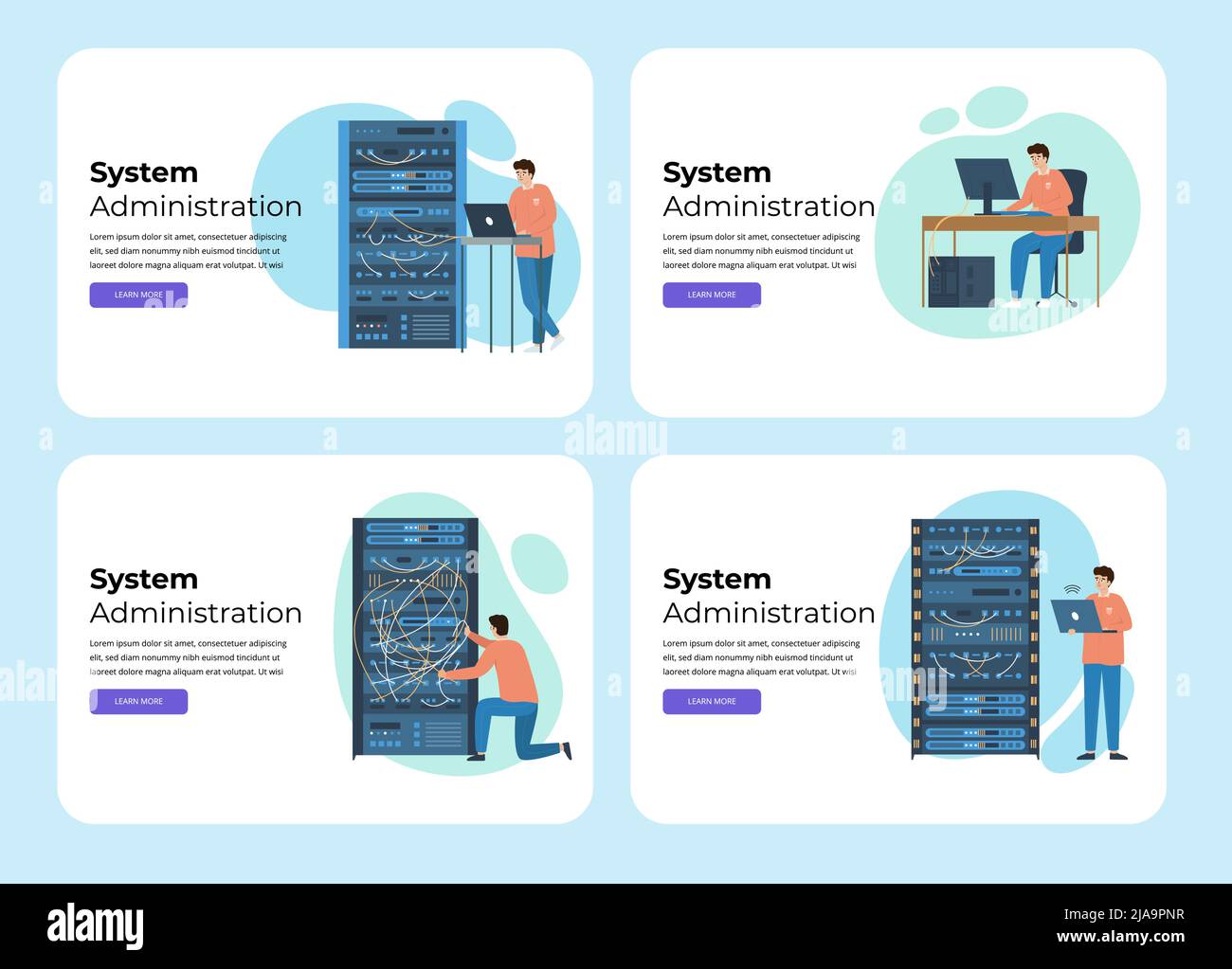 System administrator flat cards with horizontal web pages with editable ...