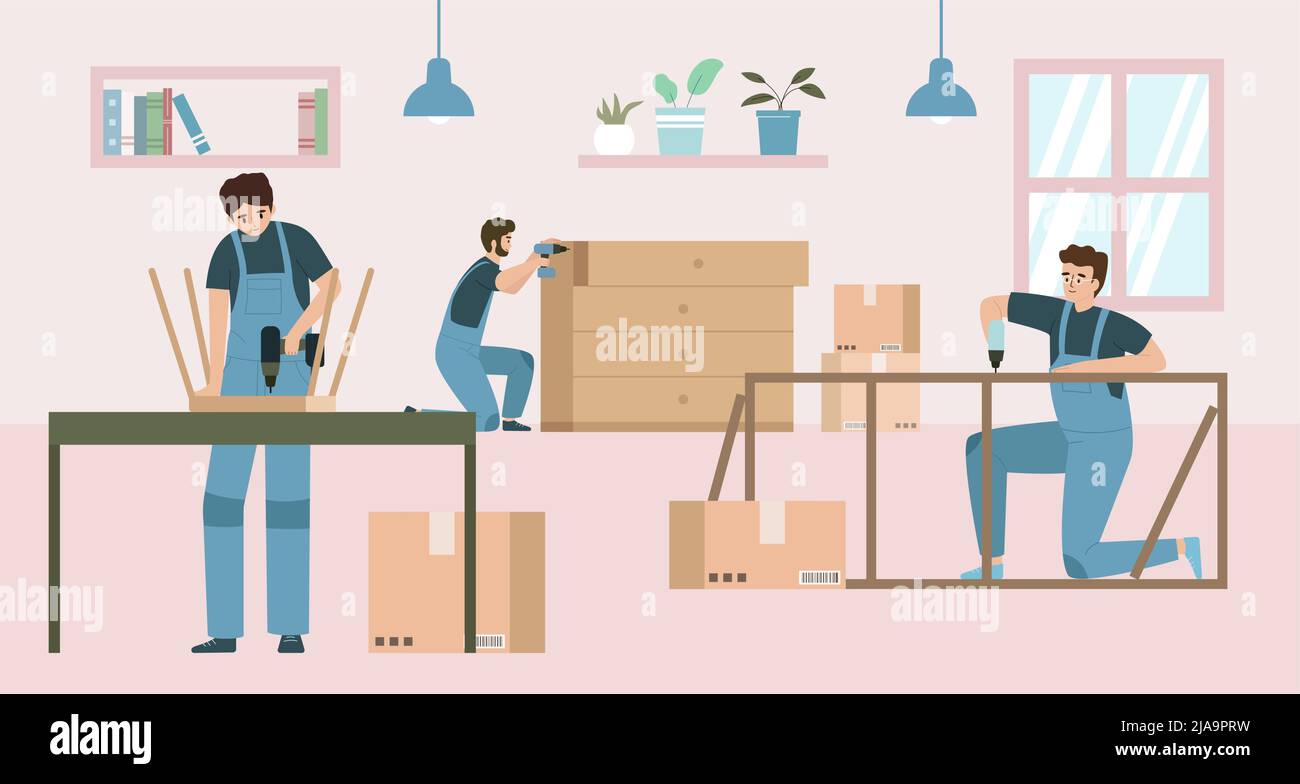 Furniture assembly flat composition with indoor scenery and three male ...