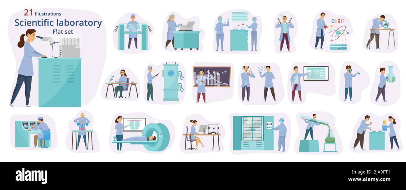 Laboratory compositions set with flat icons of lab appliances and human ...