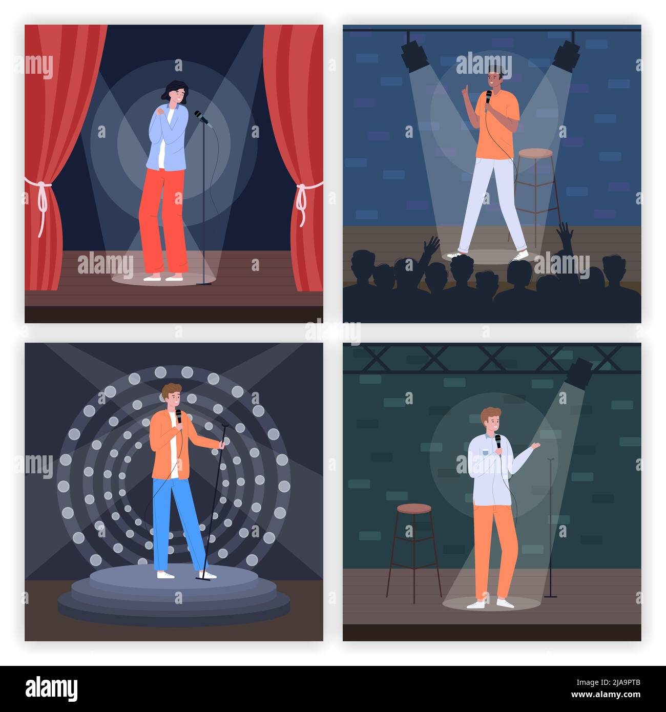 Stand up comedy show open microphone set with isolated square banners ...