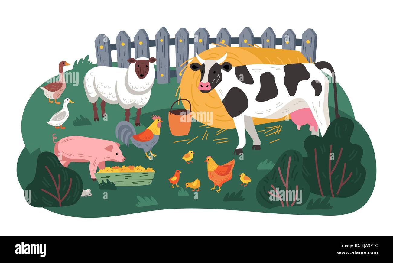 Farm animal composition cow pigs chickens ducks sheep walk on the green ...
