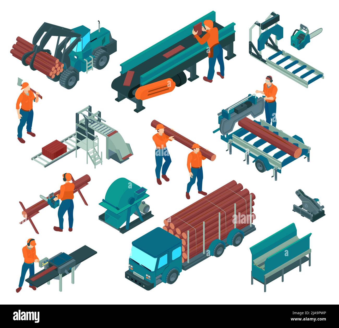 Isometric sawmill lumberjack color icon set with different equipment ...