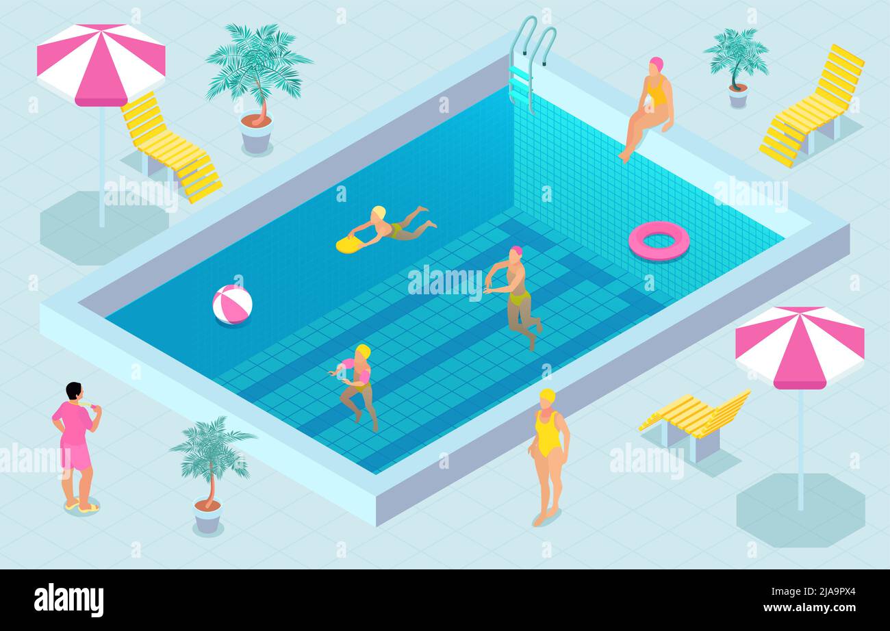Colored isometric swimming pool composition bright sunny pool with ...