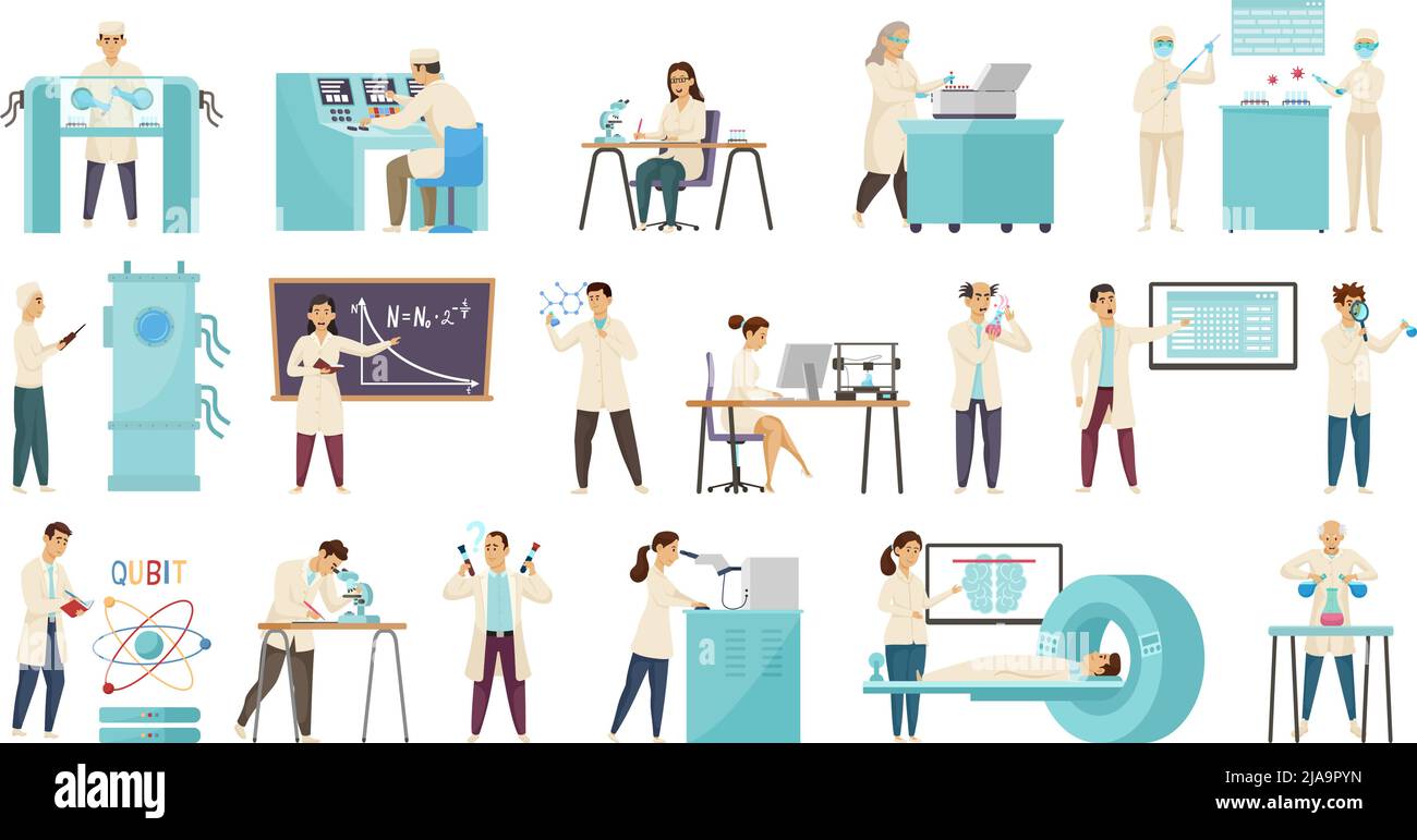 Set with isolated scientific laboratory icons and flat characters of ...