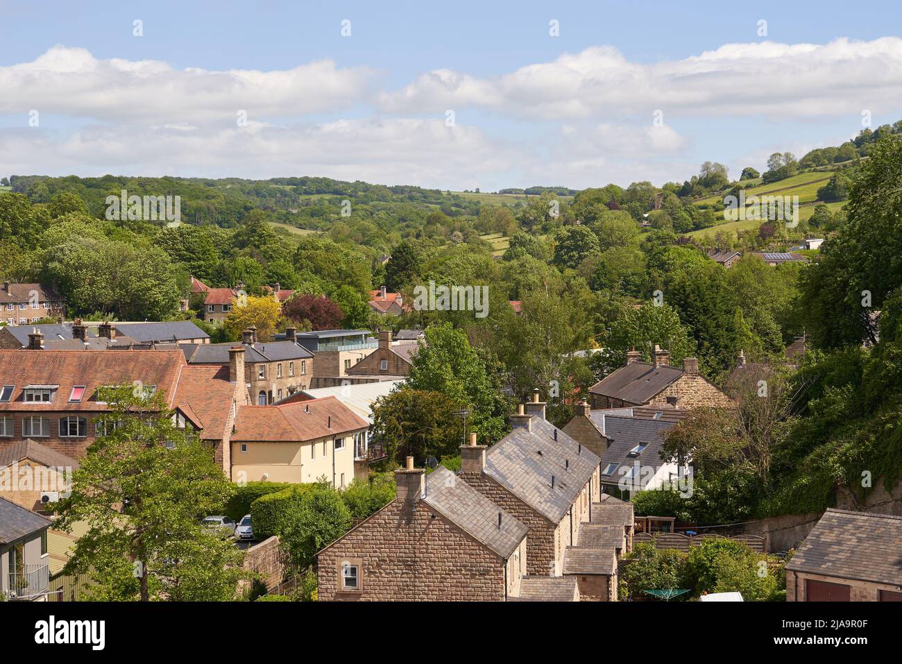View over houses and hills in Matlock Town, Derbyshire, UK Stock Photo ...