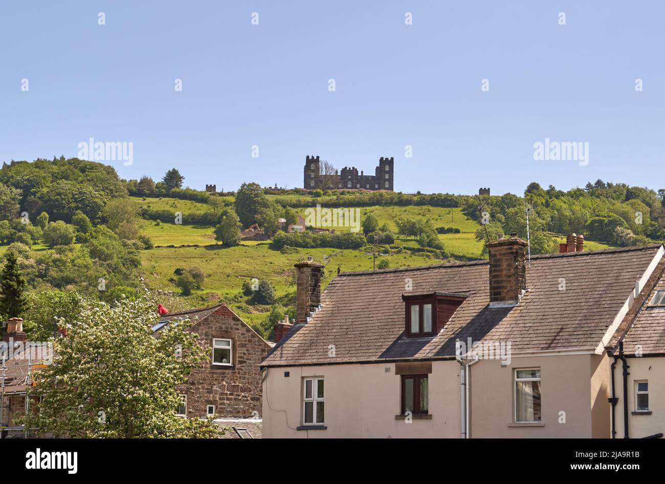 View over houses and hills in Matlock Town, Derbyshire, UK Stock Photo ...