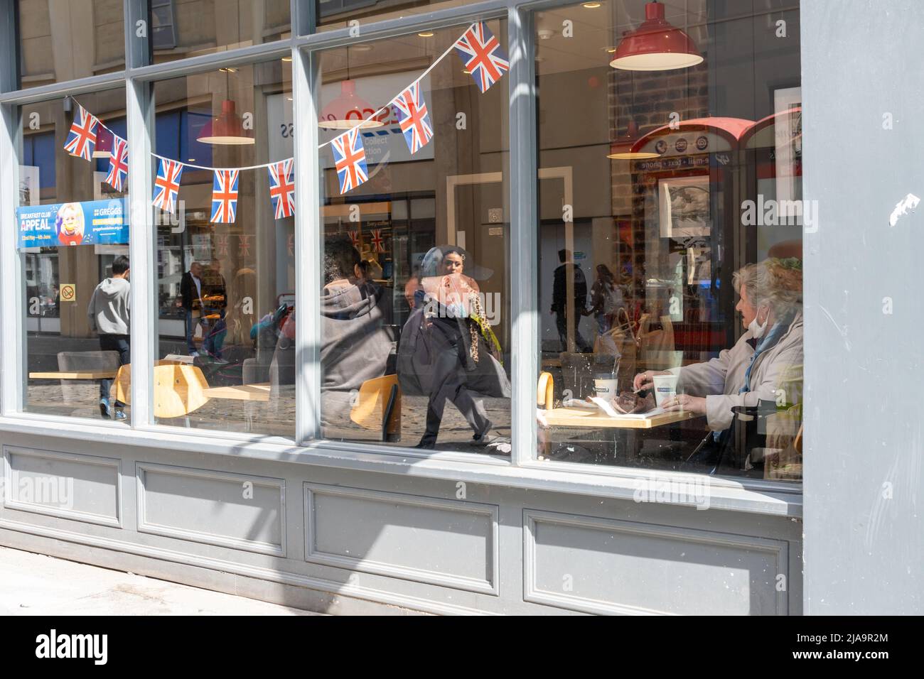 Union Jack decor in a cafe window in Newcastle upon Tyne, UK, with ...