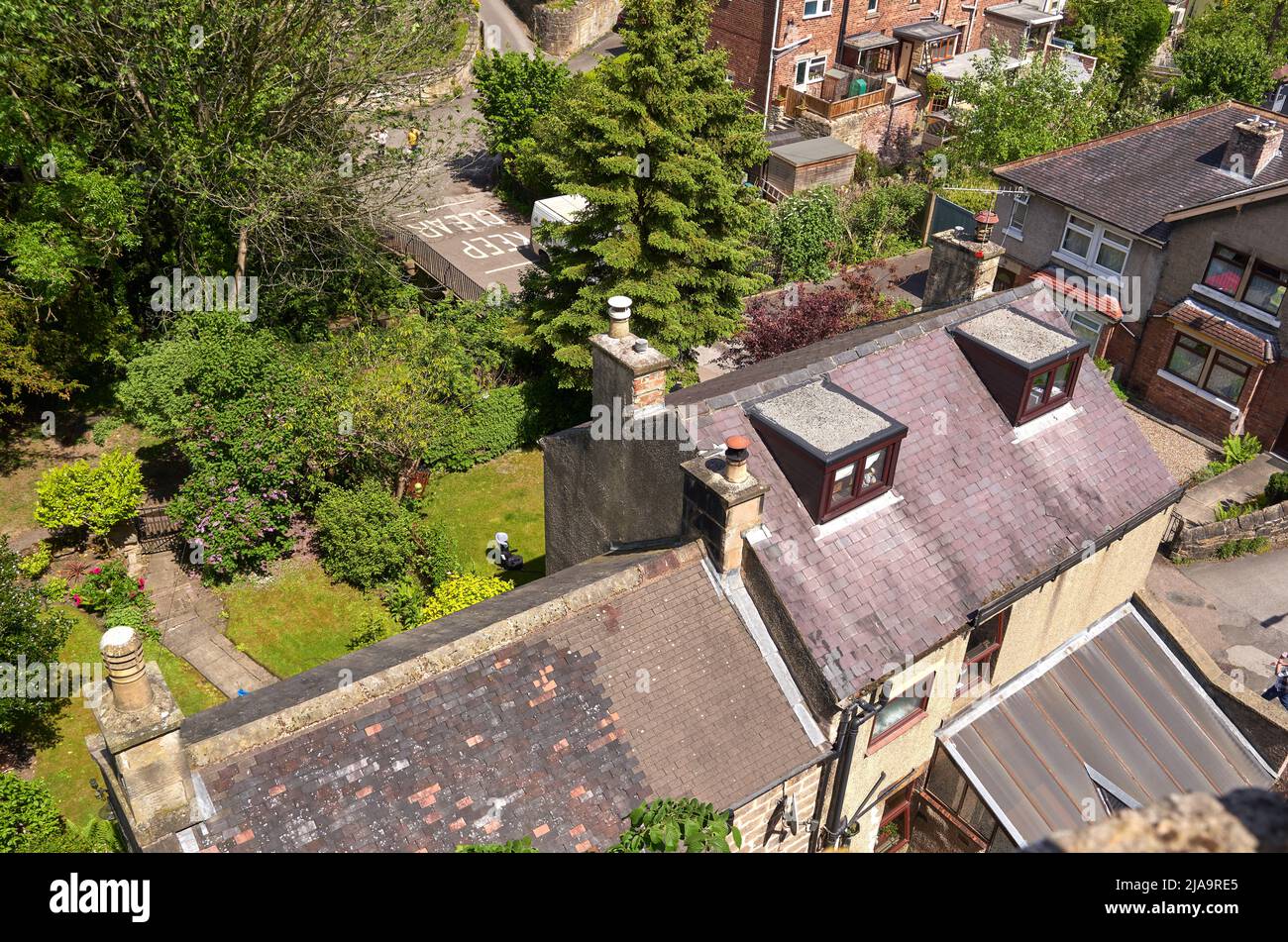 View over houses and hills in Matlock Town, Derbyshire, UK Stock Photo ...