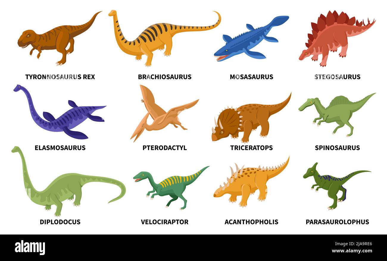 Isometric dinosaurs color animals set with isolated icons of colored ...