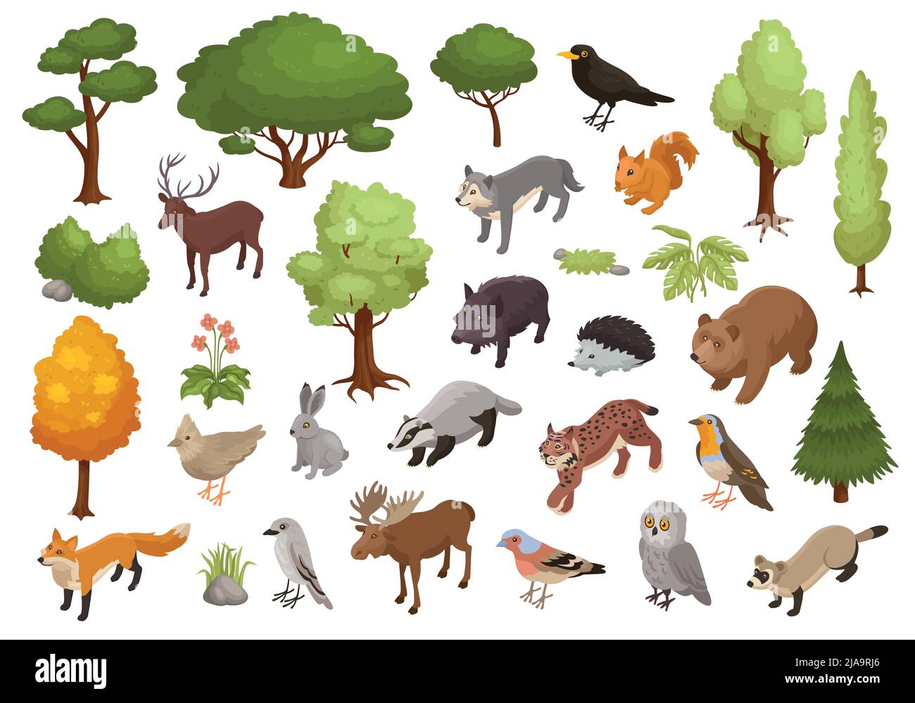 Isometric big forest animal set with isolated icons of forest habitants ...
