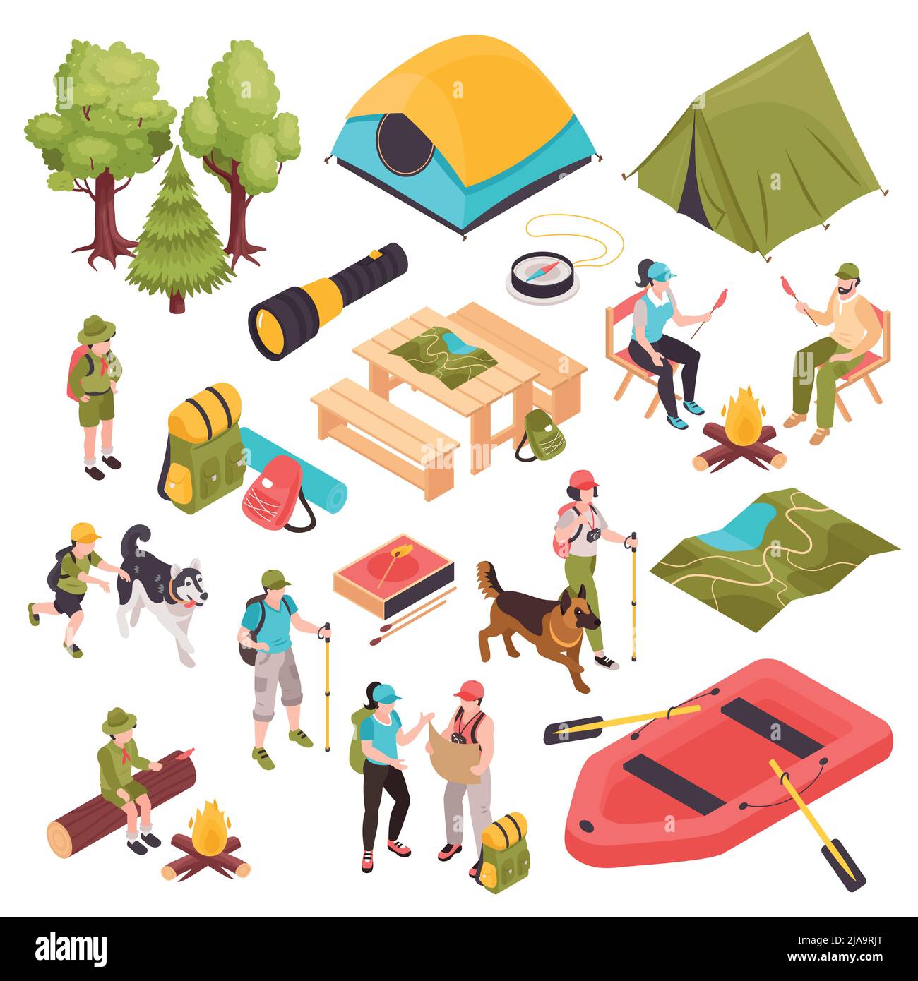 Isometric hiking and camping set with isolated human characters icons ...