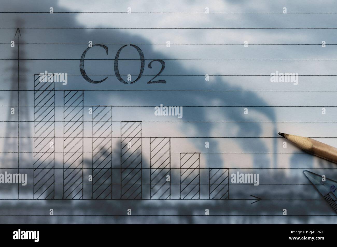 hand drawn decreasing columns showing CO2 reducing trend with blurred ...