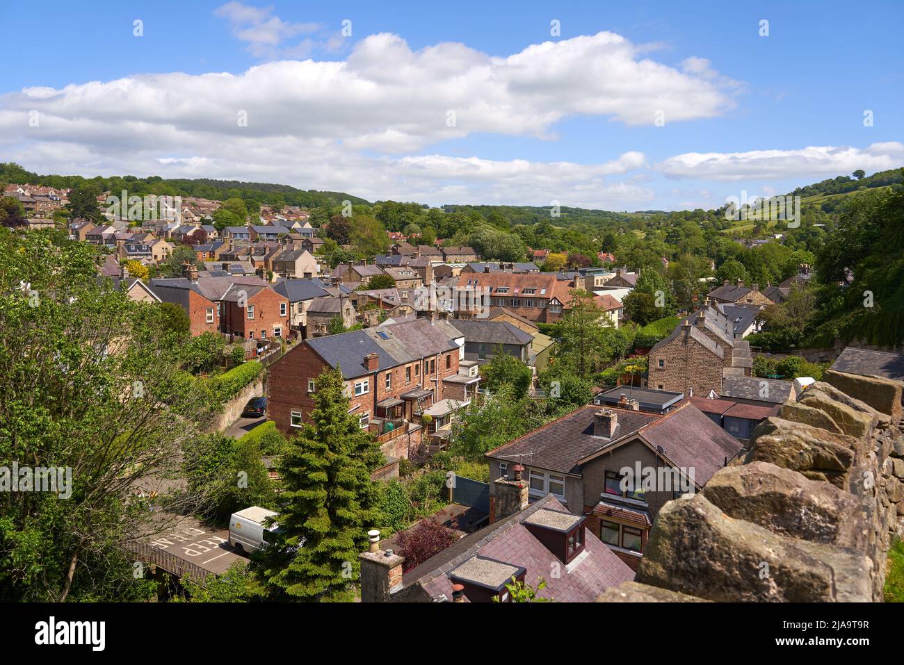 View over houses and hills in Matlock Town, Derbyshire, UK Stock Photo ...