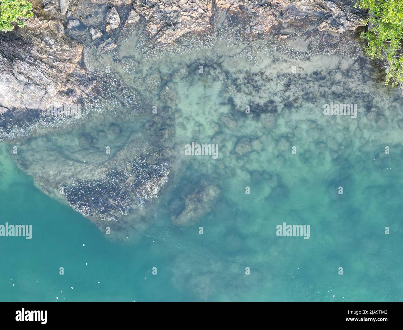 Downward aerial view of beach and crystal clear water Stock Photo - Alamy