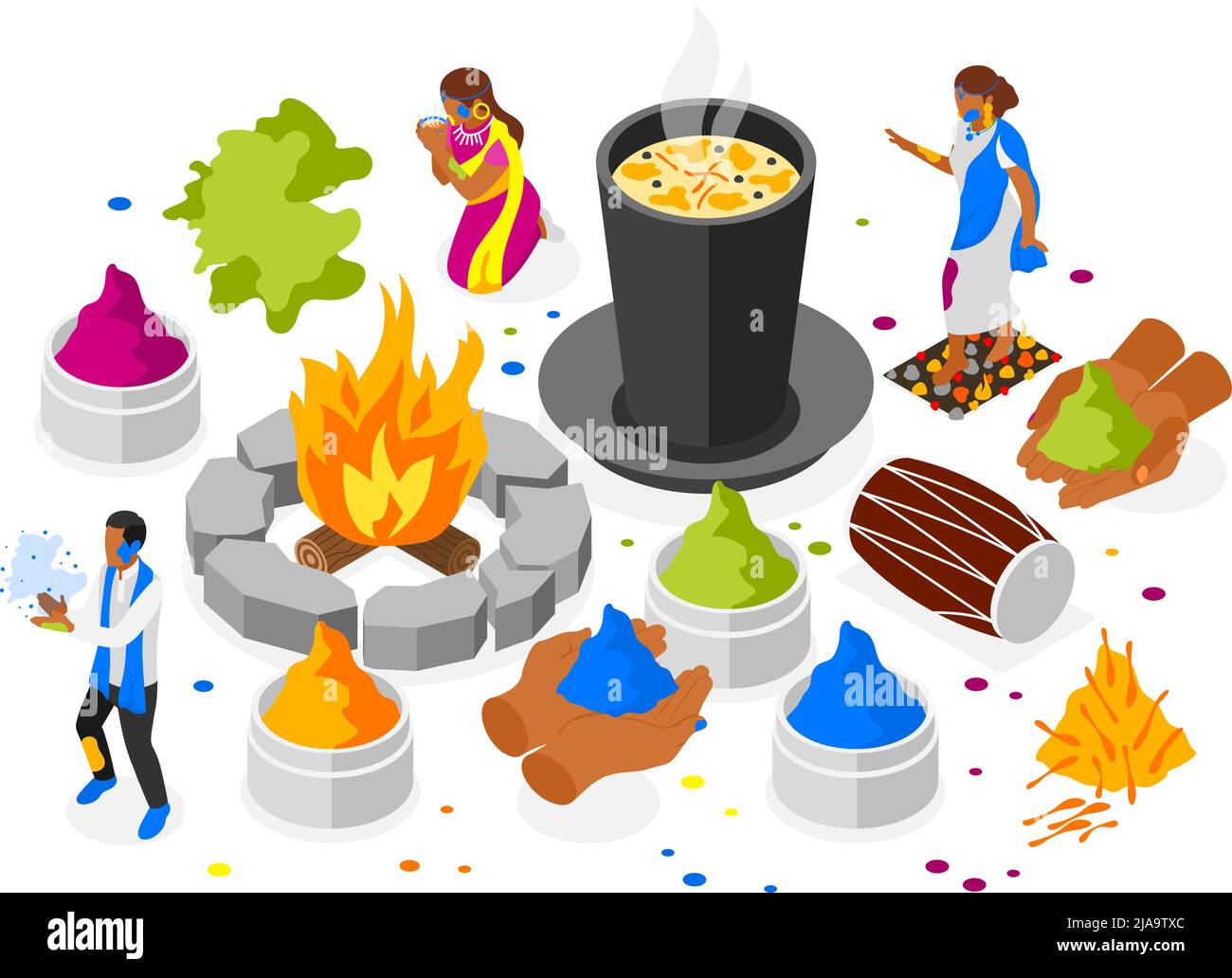 Holi isometric colored composition with national festival attributes on ...
