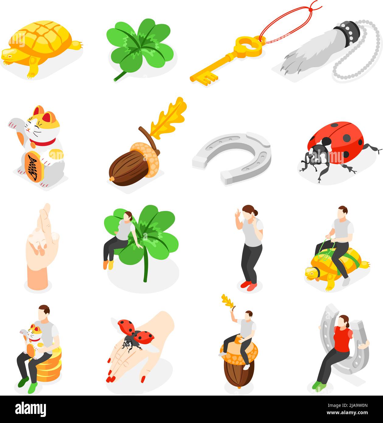 Lucky symbols isometric icons set of acorn ladybug turtle neko cat ...