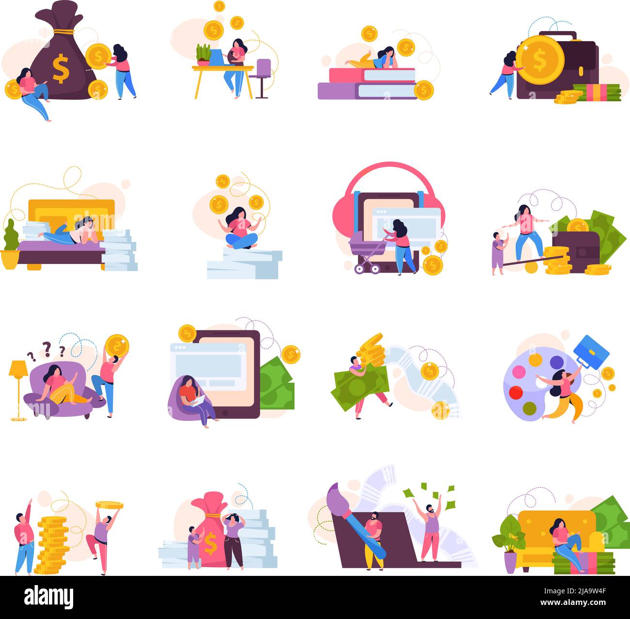 People earning money set of flat icons with isolated human characters ...