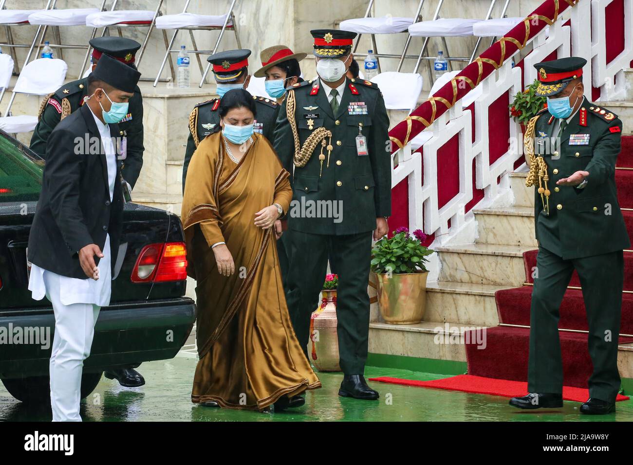 On May 29, 2022 in Kathmandu, Nepal. A member of Nepalese Army welcome President Bidhya Devi ...
