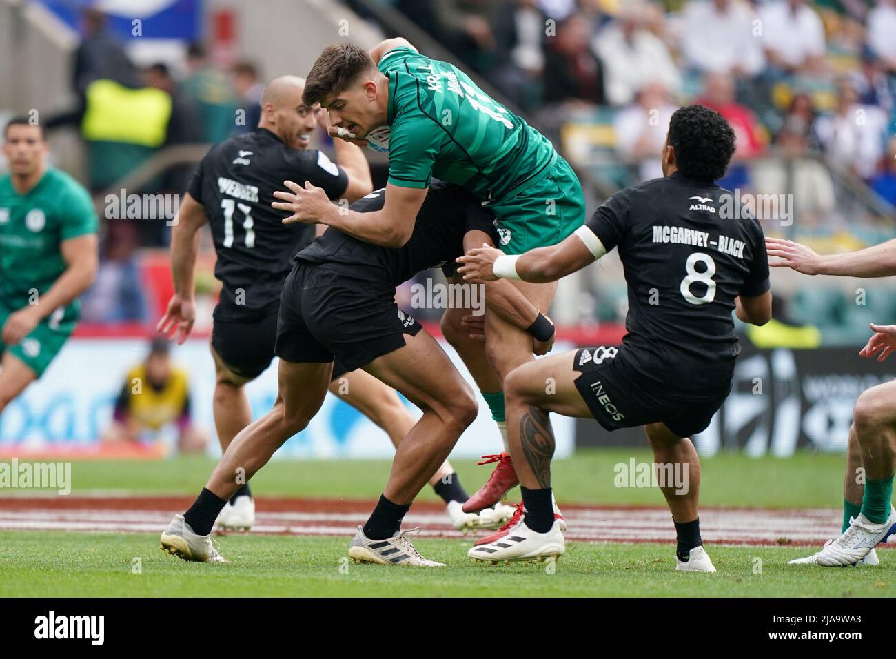 Ireland's Chay Mullins and New Zealand's Ngarohi McGarvey-Black (right ...