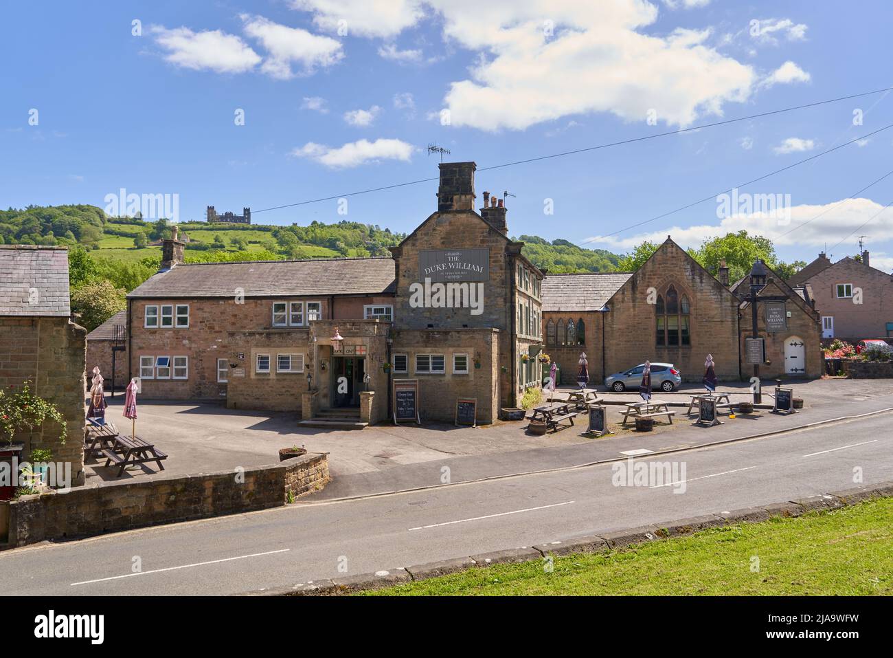 Country pub with distant hills behind in Matlock, Derbyshire, UK Stock ...
