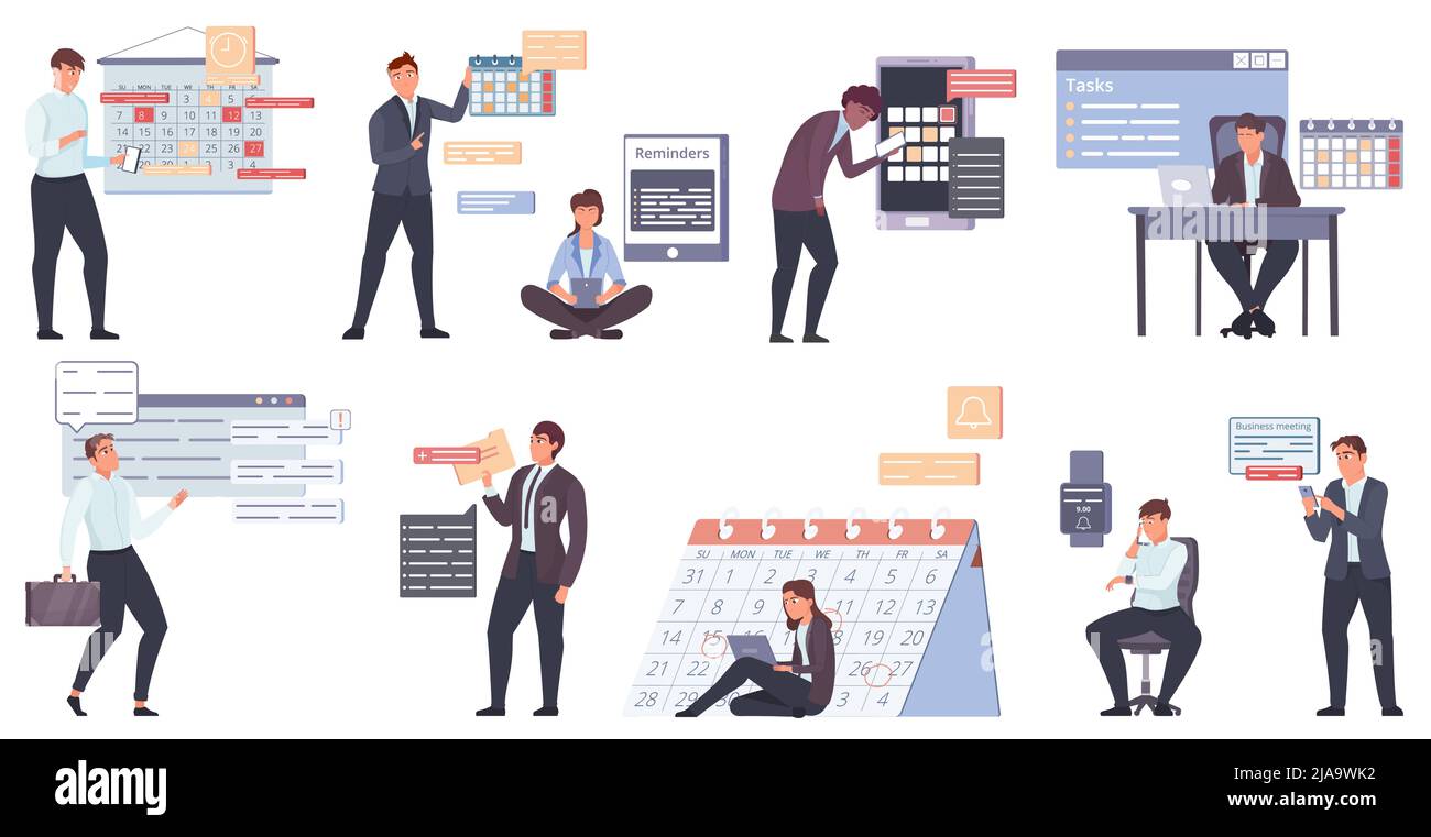 Reminder people business flat composition with isolated icons of clerks ...