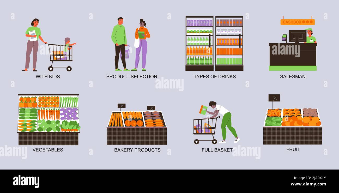 Supermarket compositions with isolated icons of store shelves shop ...