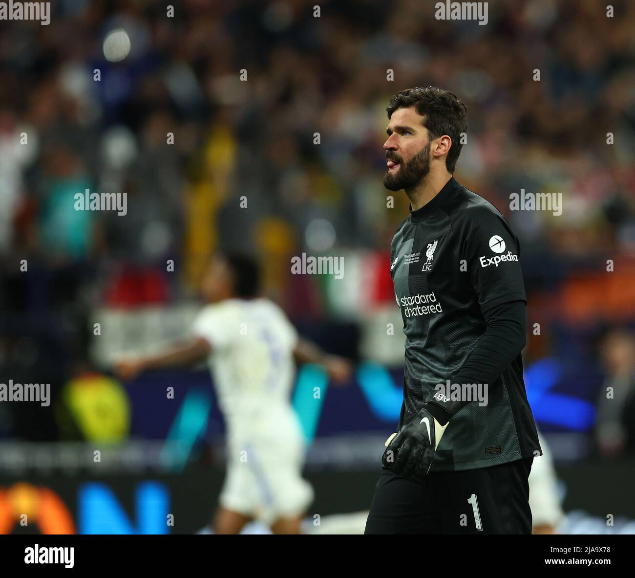 Paris, France. 28th May, 2022. Alisson Becker of Liverpool looks on at ...